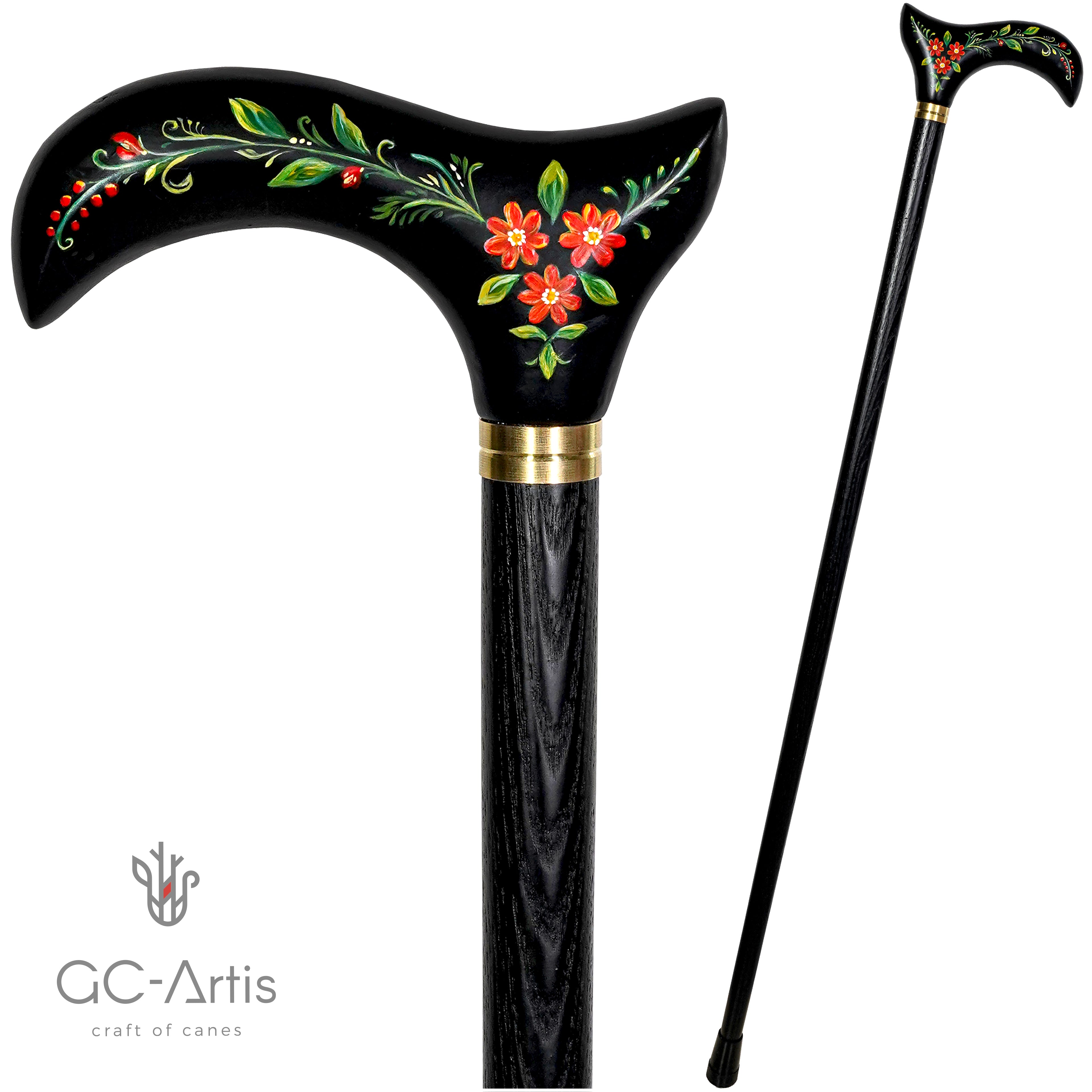 Hand Painted Black Derby walking stick cane Artist fill Flowers
