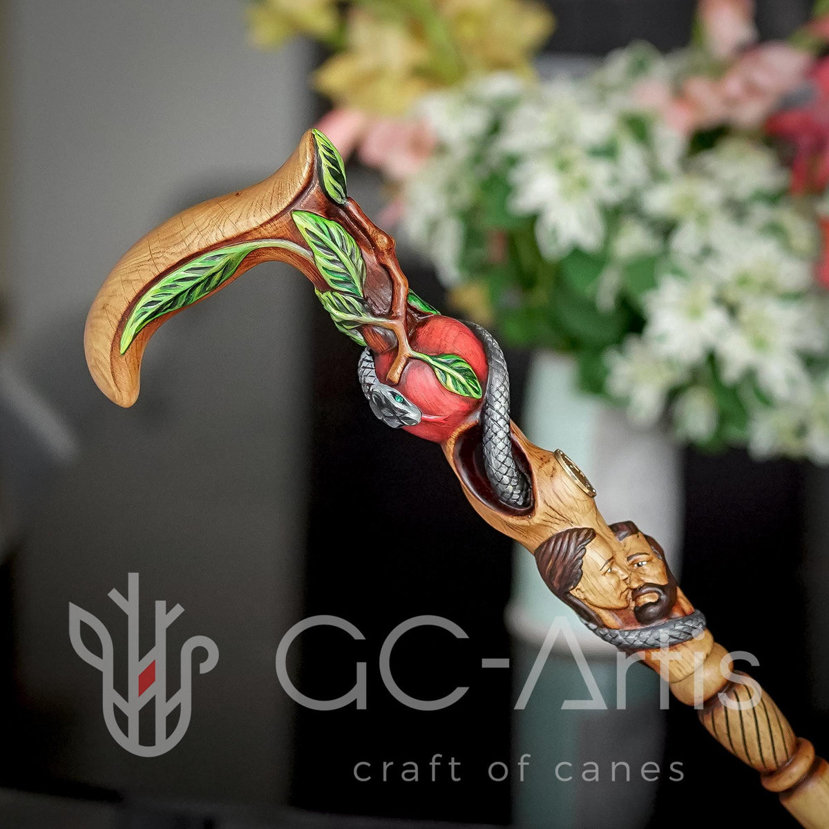 Adam & Eve Hanpainted Light Wood Walking cane Religion Style – GC-Artis ...