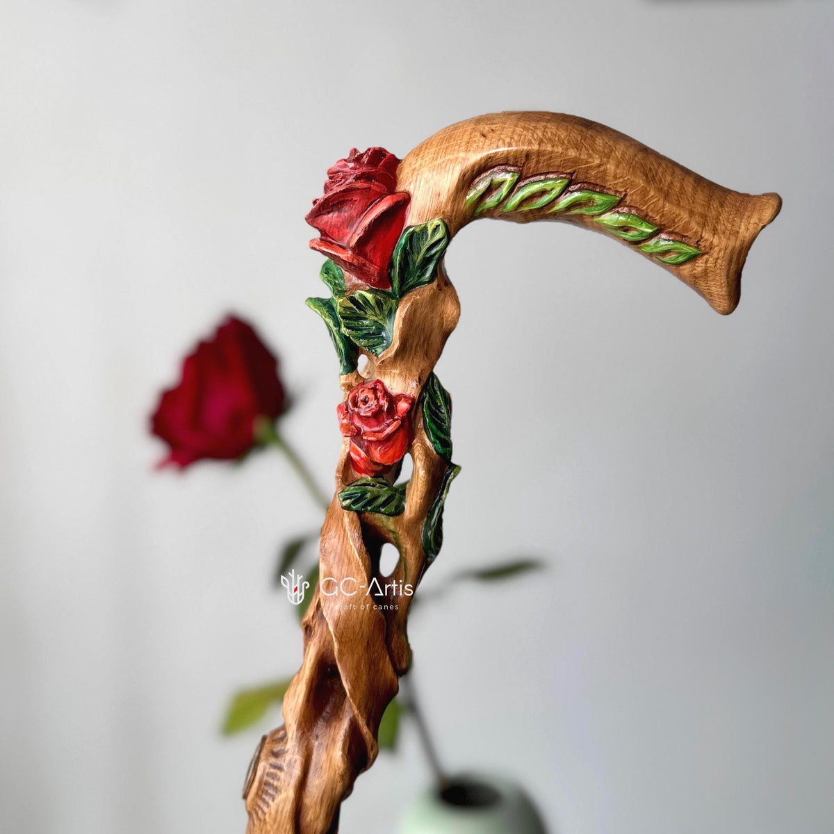 Hand painted Walking cane Red Rose Flower - wood carved Walking Stick ...