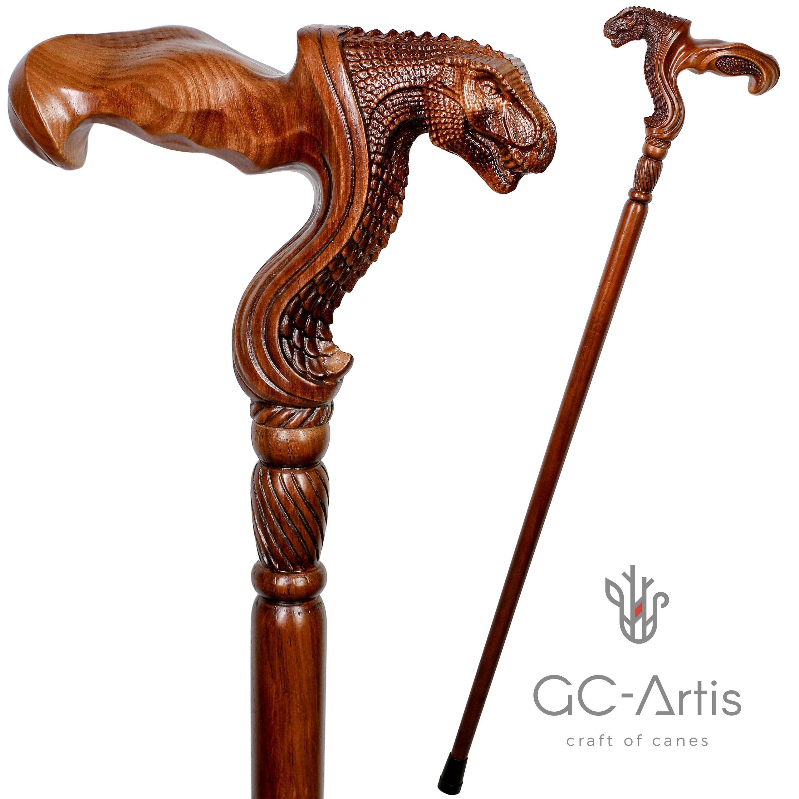 T-Rex Dinosaur Head - Ergonomic Handle Walking Stick Cane Wooden